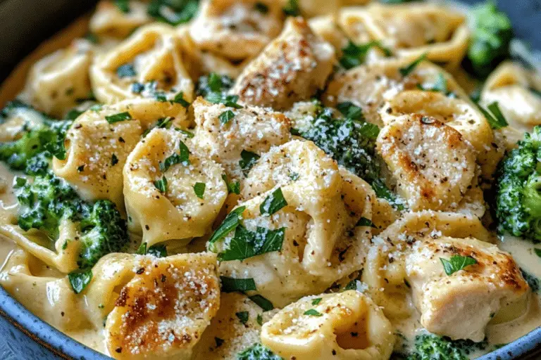 Creamy Garlic Parmesan Tortellini Recipe with Chicken and Broccoli | Kopaylas
